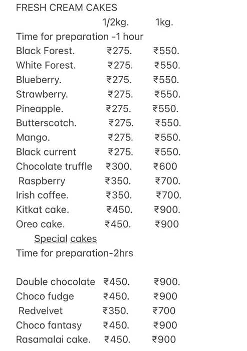 Menu of J.M Cake Shop, Vadavalli, Coimbatore