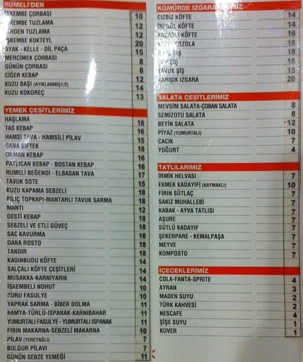 Menu at Rumeli, Ankara, Bestekar Sok.