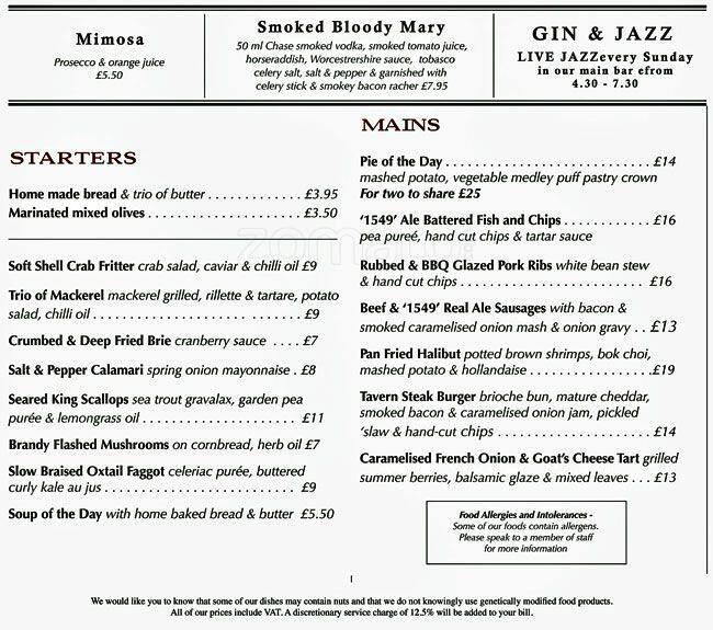 Carta del pub y bar The Ship Tavern, Londres