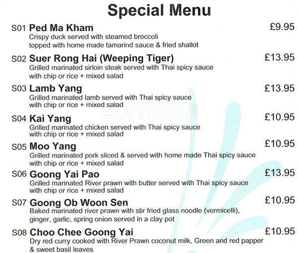 Menu at Thai Rice restaurant, London, Harrow Rd