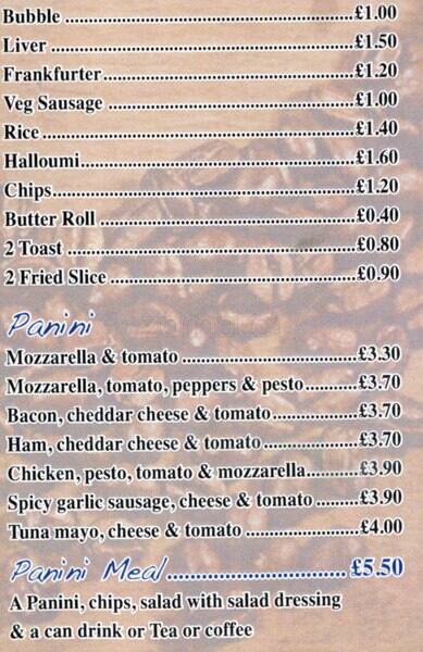 Menu at Blue Zone Cafe, London, 145 Deans Lane