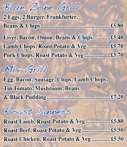 Menu at Blue Zone Cafe, London, 145 Deans Lane