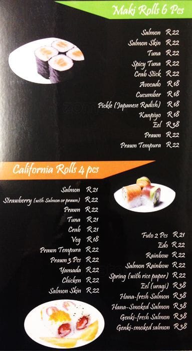Menu at Yamada Sushi restaurant, Johannesburg, Cnr Rivonia and Mutual road