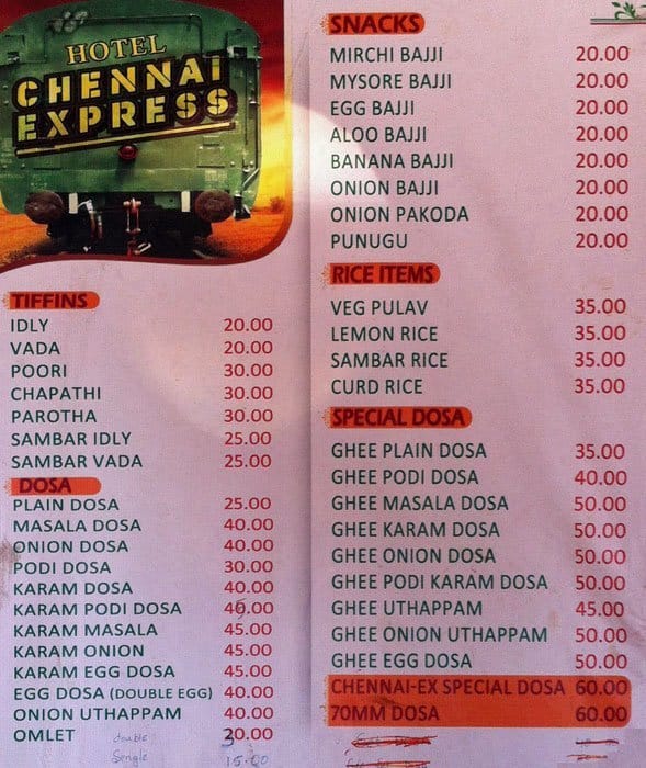 Menu at Chennai Express, Guduvanchery, 55 Pillayar Koil Street