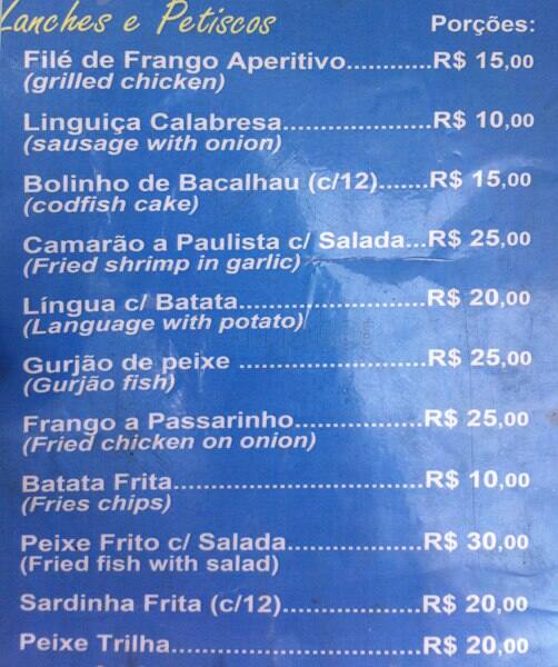 Menu em Pub Carioca, Rio de Janeiro, Av. Princesa Isabel