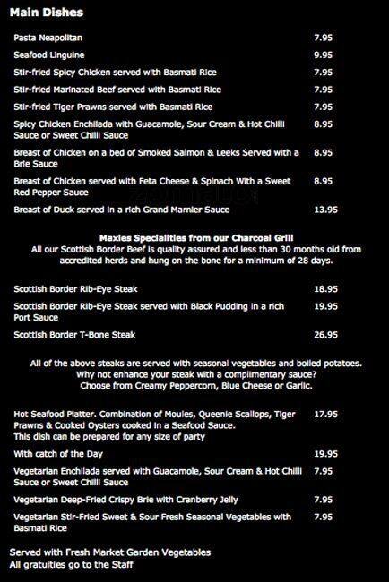 Menu at Maxies restaurant, Edinburgh