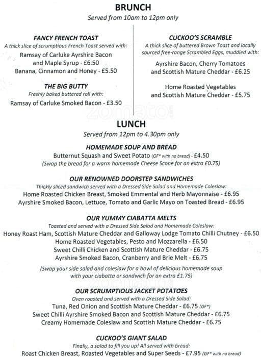 Menu at Cuckoo's Bakery, Edinburgh, 109 Princes St