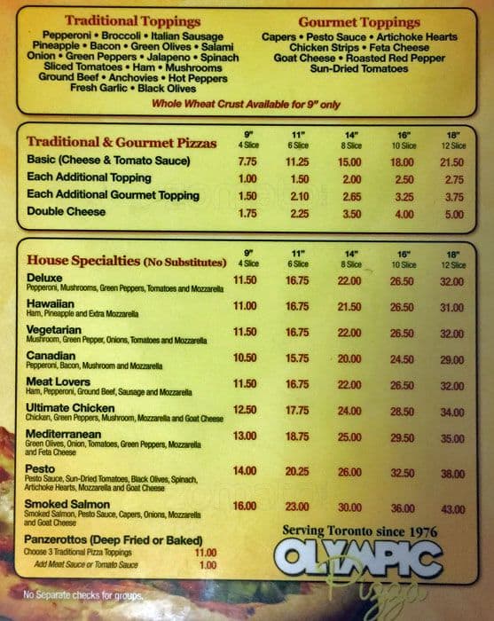 Menu at Olympic 76 Pizza Cafe, Toronto