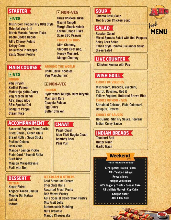Menu of AB's - Absolute Barbecues, Jubilee Hills, Hyderabad