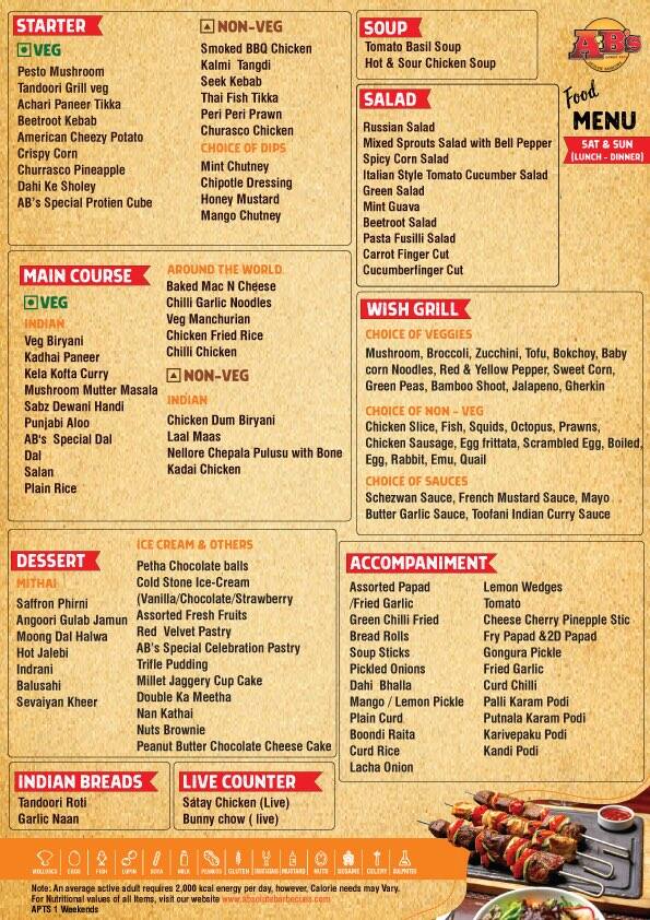 Menu of AB's - Absolute Barbecues, Gachibowli, Hyderabad