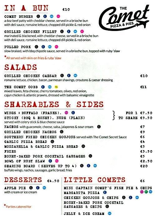 Menu at Comet pub & bar, Dublin