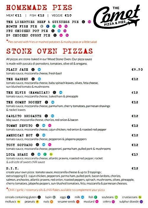 Menu at Comet pub & bar, Dublin