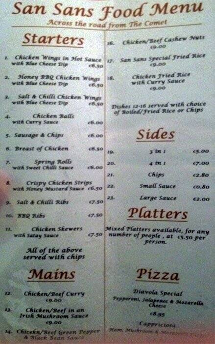 Menu at Comet pub & bar, Dublin