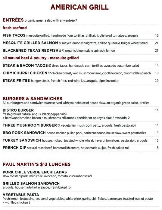 Menu at Paul Martin's American Grill steakhouse, Dallas, Oak Lawn Ave ...