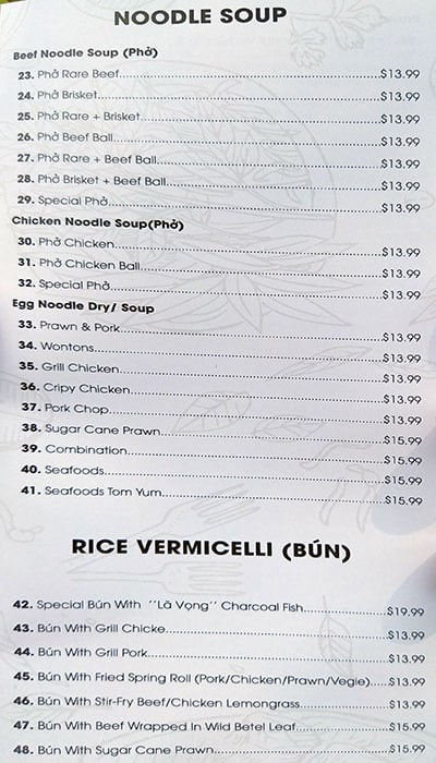 Menu at PHO 93 Vietnamese restaurant, Chelsea Heights