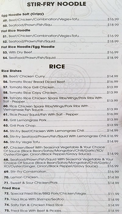 Menu at PHO 93 Vietnamese restaurant, Chelsea Heights