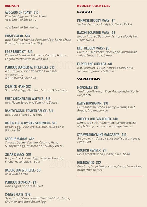 Menu at The Penrose pub & bar, New York City