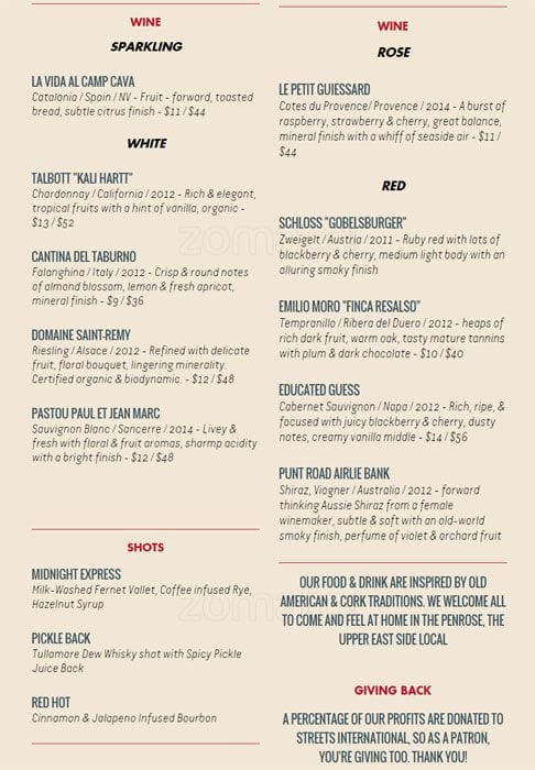 Menu at The Penrose pub & bar, New York City