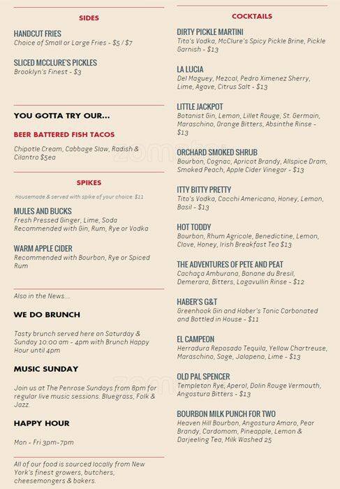 Menu at The Penrose pub & bar, New York City