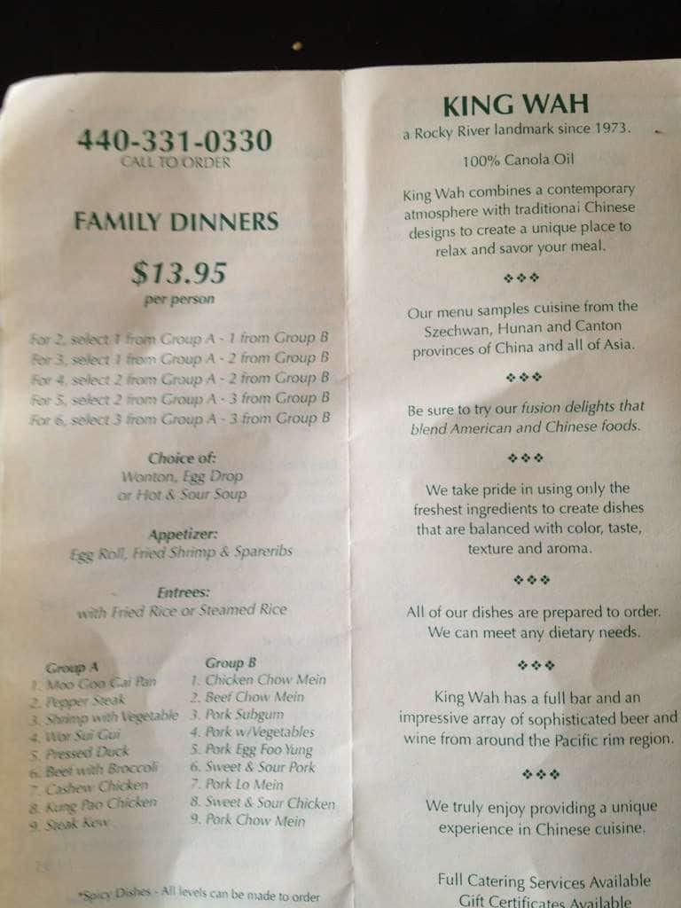 Menu at King Wah restaurant, Rocky River, Center Ridge Rd
