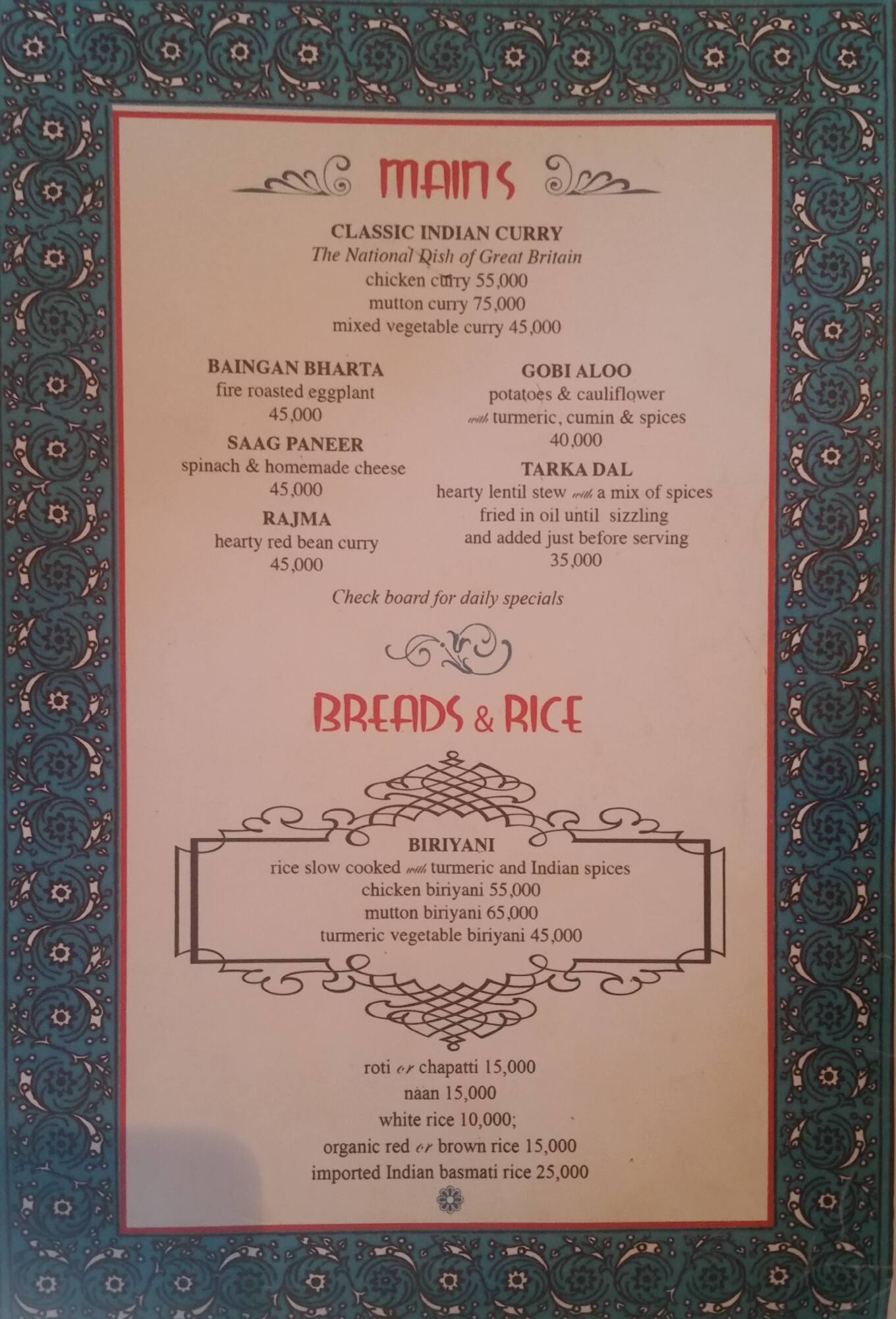 Menu at Warung Little India restaurant, Ubud