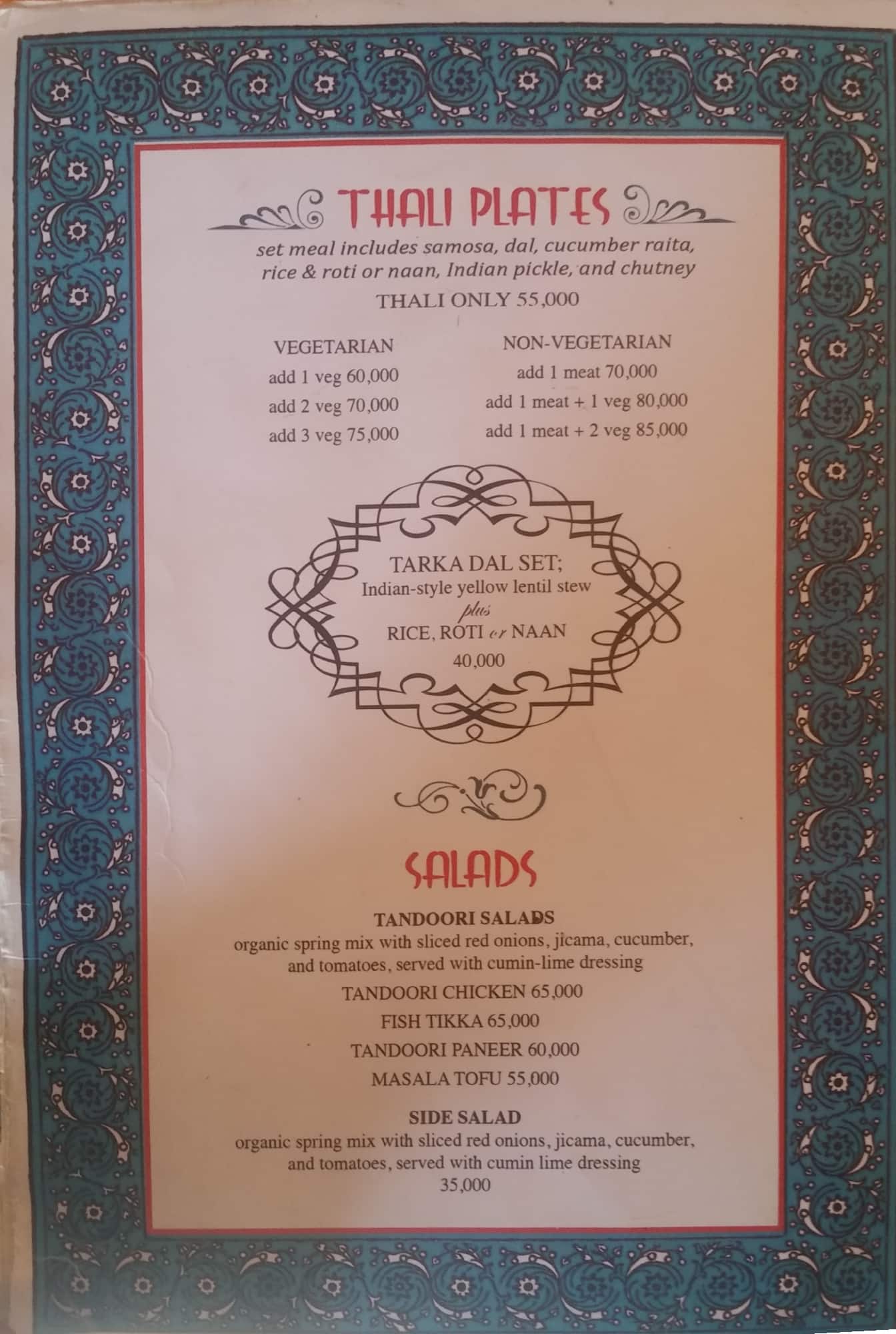 Menu at Warung Little India restaurant, Ubud