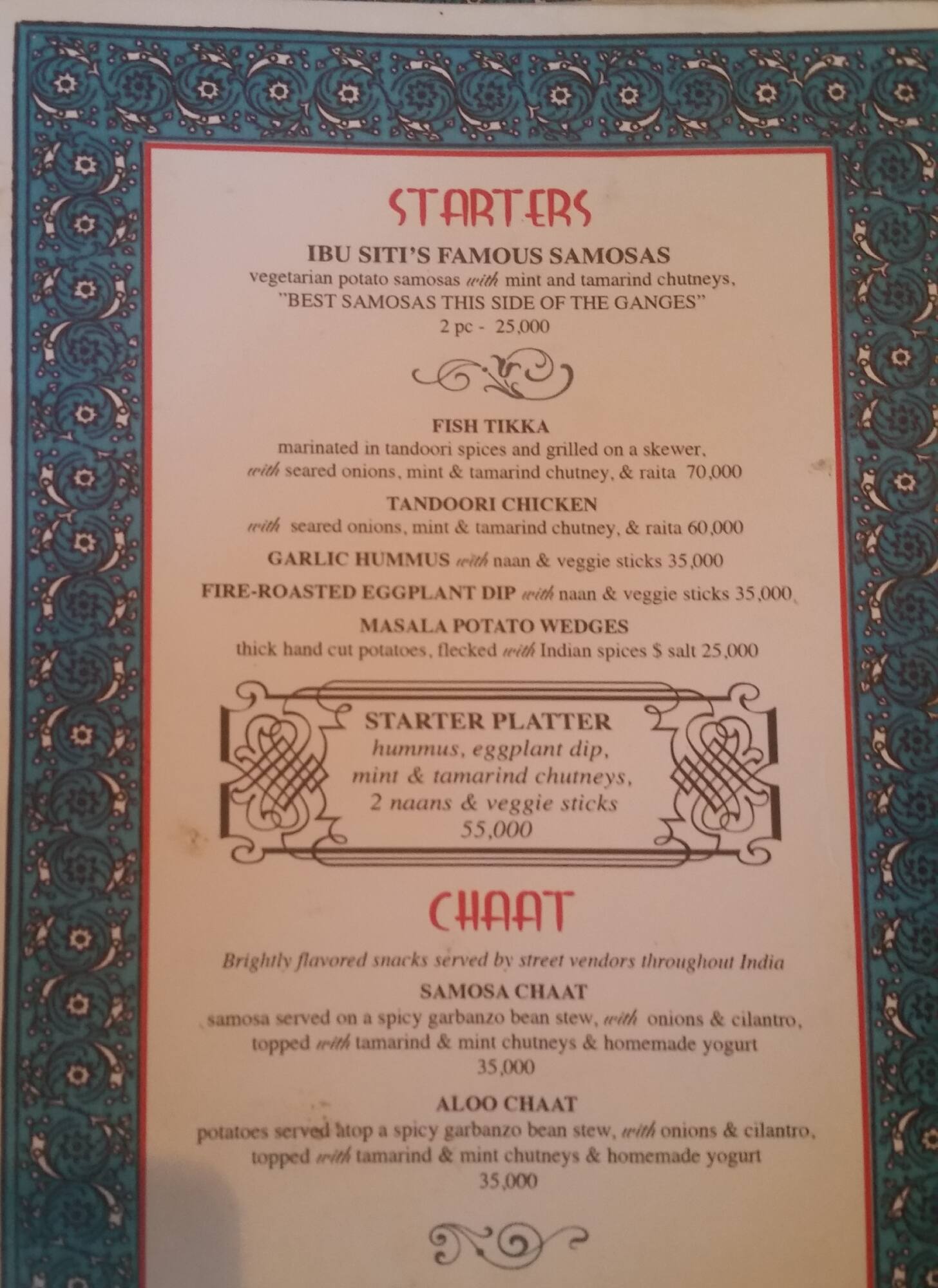 Menu at Warung Little India restaurant, Ubud