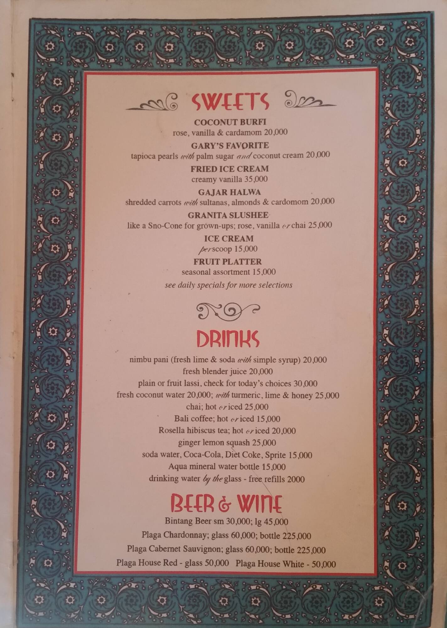 Menu at Warung Little India restaurant, Ubud
