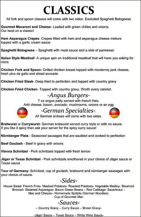 Menu at Fork and Spoon restaurant, New Braunfels