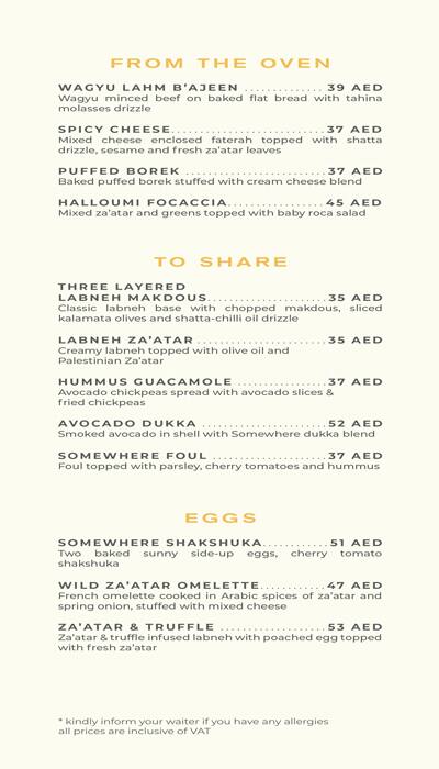 Menu of Somewhere, Downtown Dubai, Dubai
