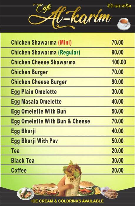 Menu of Cafe Al-Karim, Camp Area, Pune