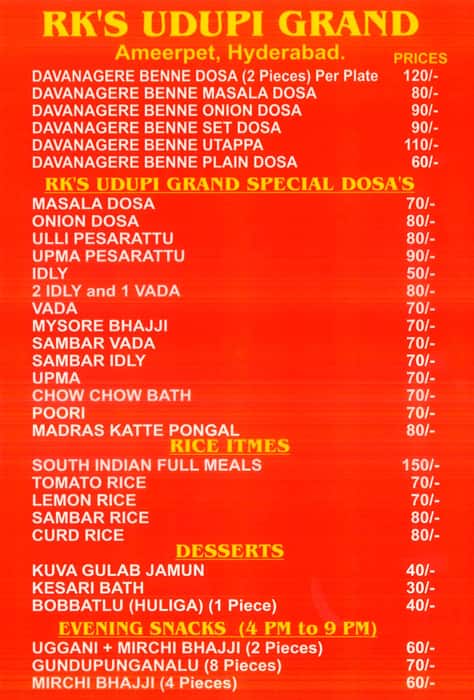 Menu at RK's Udupi Grand, Hyderabad