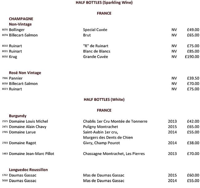 Menu at Clos Maggiore restaurant, London