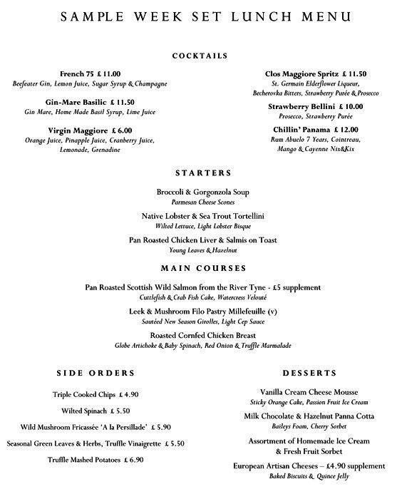 Menu at Clos Maggiore restaurant, London
