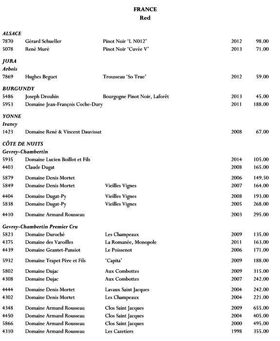 Menu at Clos Maggiore restaurant, London