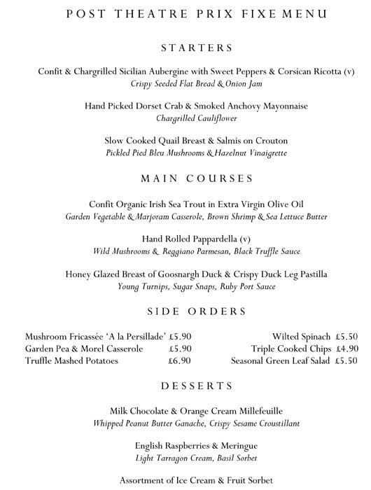 Menu at Clos Maggiore restaurant, London