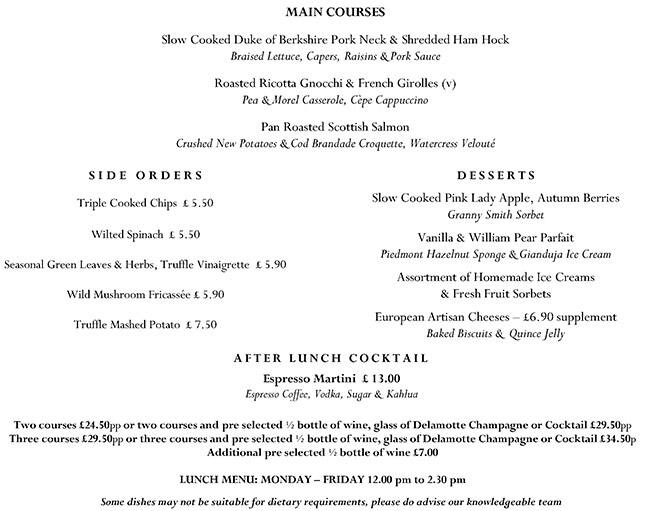 Menu at Clos Maggiore restaurant, London