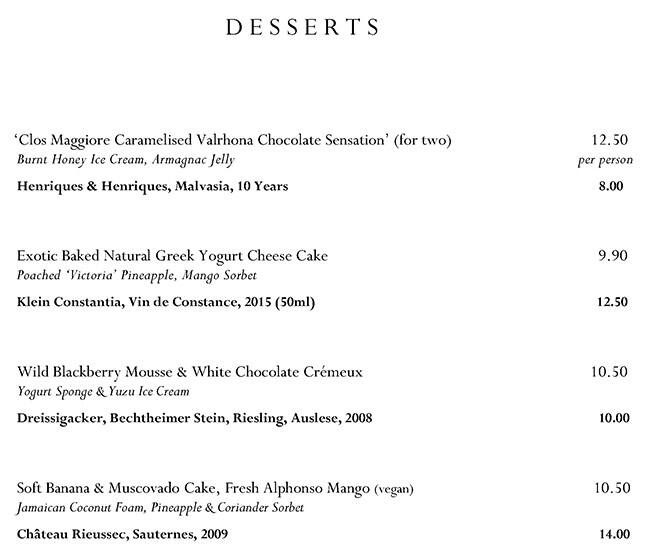 Menu at Clos Maggiore restaurant, London