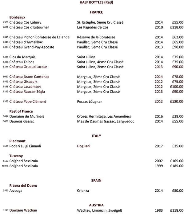Menu at Clos Maggiore restaurant, London