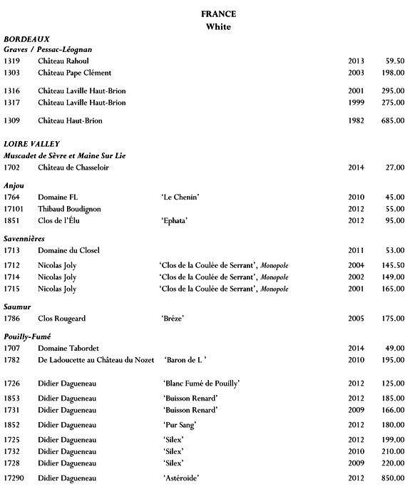 Menu at Clos Maggiore restaurant, London