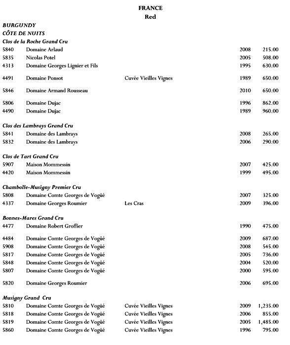 Menu at Clos Maggiore restaurant, London