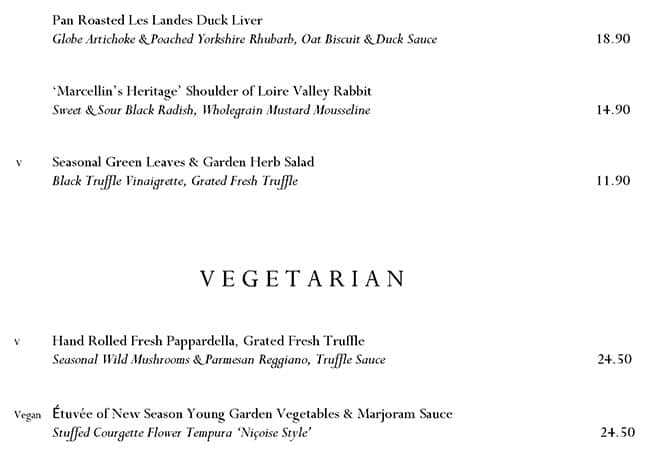 Menu at Clos Maggiore restaurant, London