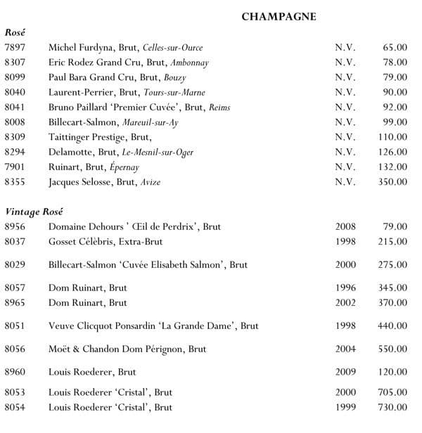 Menu at Clos Maggiore restaurant, London
