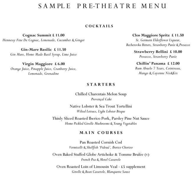Menu at Clos Maggiore restaurant, London
