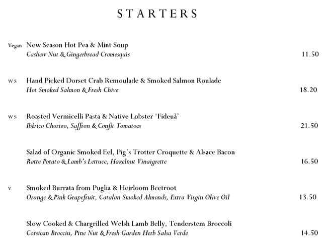 Menu at Clos Maggiore restaurant, London