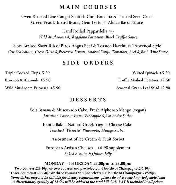 Menu at Clos Maggiore restaurant, London