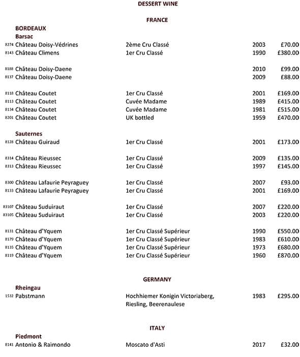 Menu at Clos Maggiore restaurant, London