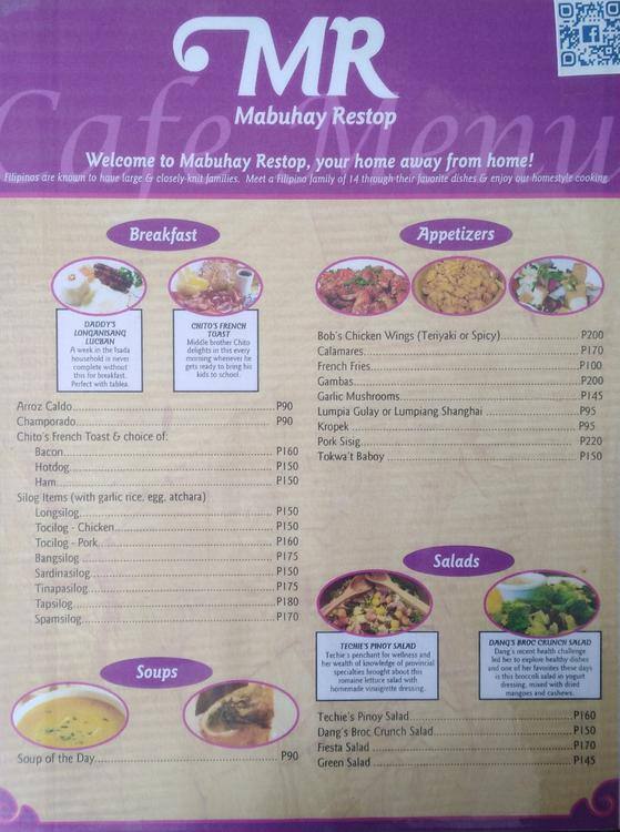 Menu at Mabuhay Restop restaurant, Manila