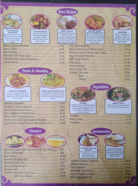 Menu at Mabuhay Restop restaurant, Manila