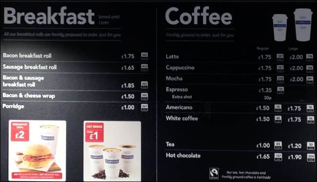 Menu at Greggs restaurant, Edinburgh, Newkirkgate Shopping Centre